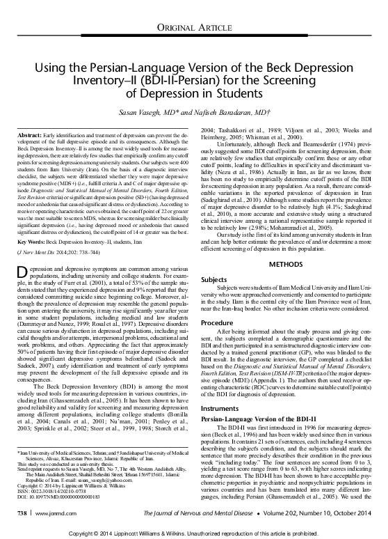 (PDF) Using the Persian-Language Version of the Beck Depression ...