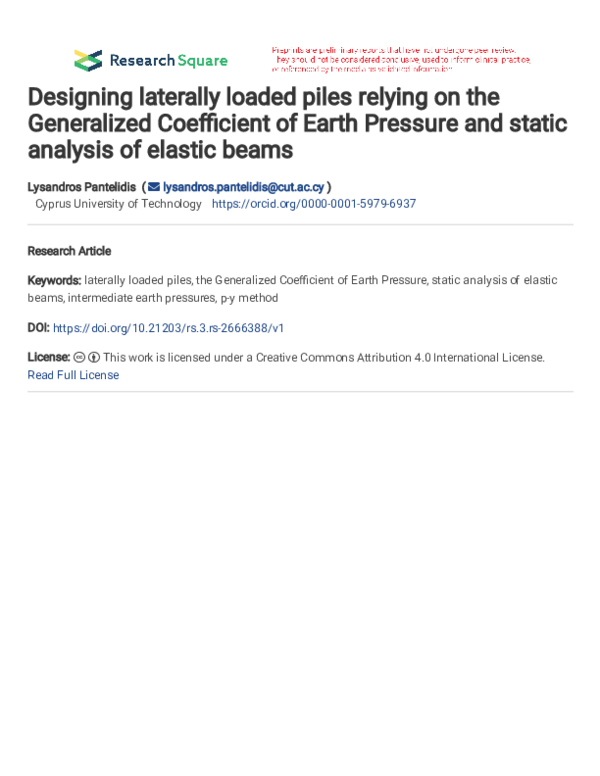 (PDF) Designing laterally loaded piles relying on the Generalized Coefficient of Earth Pressure ...