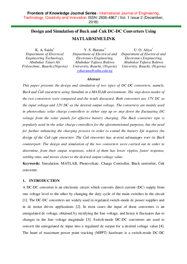 (PDF) Design and Simulation of Buck and Ćuk DC-DC Converters Using MATLAB / SIMULINK