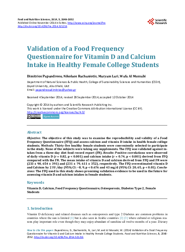 (PDF) Validation of a Food Frequency Questionnaire for Vitamin D and ...