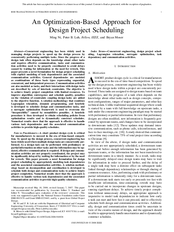 (PDF) An Optimization-Based Approach for Design Project Scheduling | Bryan Moser - Academia.edu
