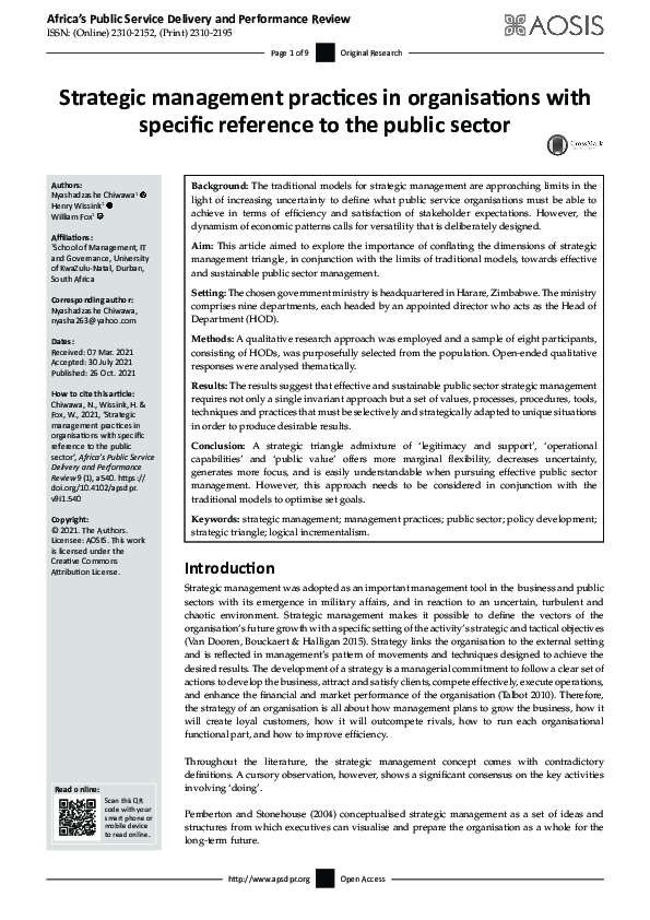 (PDF) Strategic management practices in organisations with specific reference to the public sector