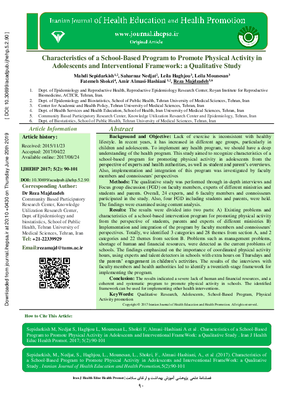 Characteristics of a School-Based Program to Promote Physical Activity in Adolescents and ...