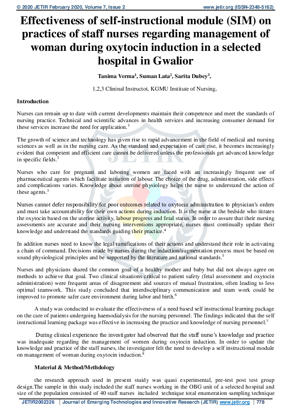 (PDF) Effectiveness of self instructional module (SIM) on practices of staff nurses regarding ...