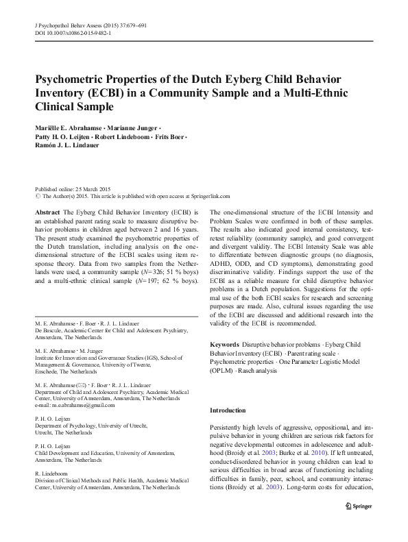 (PDF) Psychometric Properties of the Dutch Eyberg Child Behavior ...