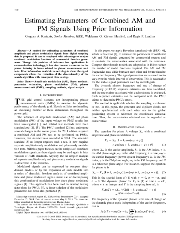 (PDF) Estimating Parameters of Combined AM and PM Signals Using Prior Information