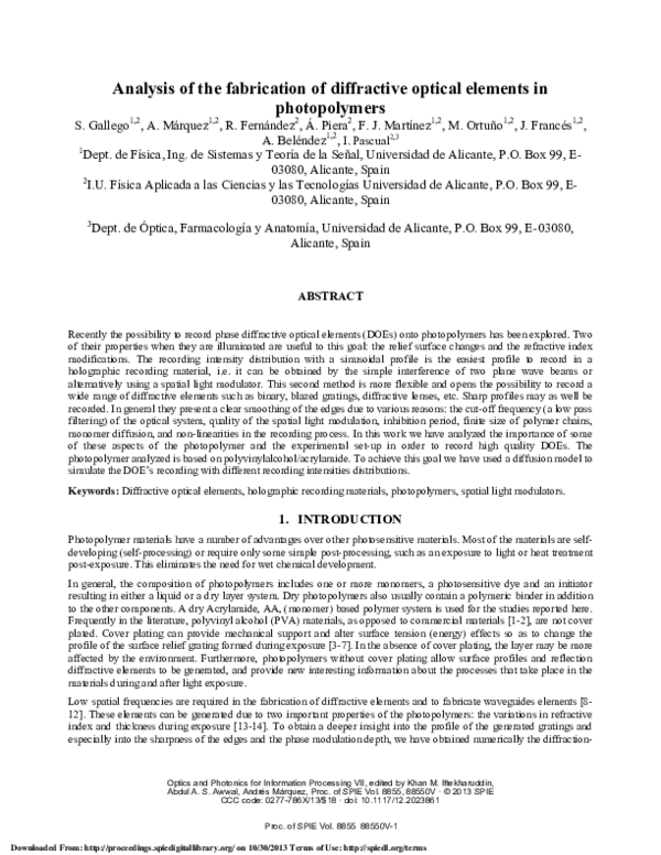 (PDF) Analysis of the fabrication of diffractive optical elements in photopolymers