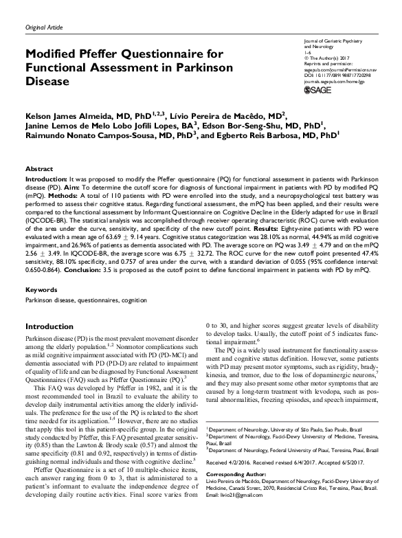 (PDF) Modified Pfeffer Questionnaire for Functional Assessment in ...