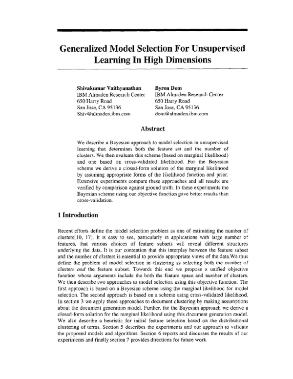 (PDF) Generalized Model Selection for Unsupervised Learning in High Dimensions