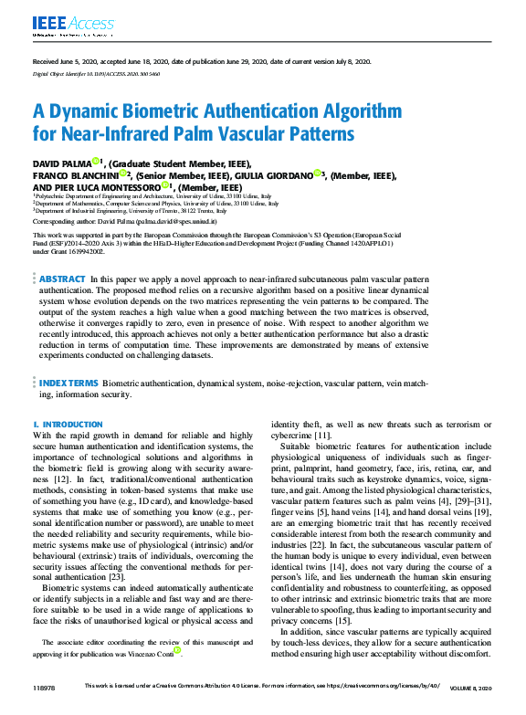 Pdf A Dynamic Biometric Authentication Algorithm For Near Infrared