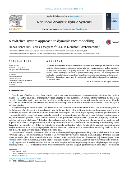 (PDF) A switched system approach to dynamic race modelling | Franco Blanchini - Academia.edu