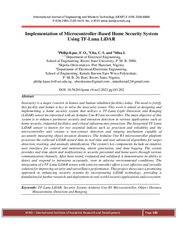 (PDF) Implementation of Microcontroller-Based Home Security System Using TF-Luna LiDAR