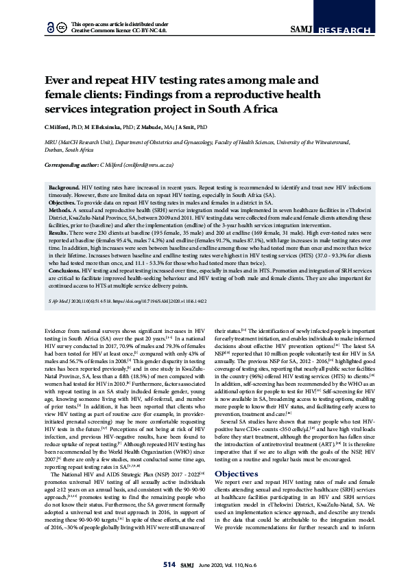 (PDF) Ever and repeat HIV testing rates among male and female clients ...
