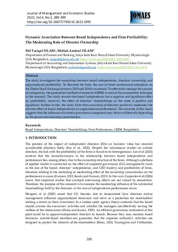 (PDF) Dynamic Association Between Board Independence and Firm Profitability: The Moderating Role ...