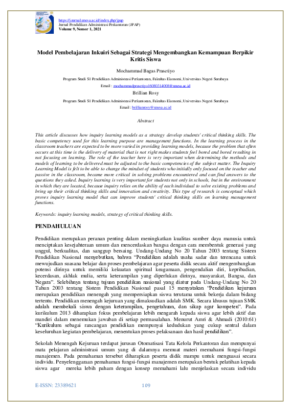 (PDF) Model Pembelajaran Inkuiri Sebagai Strategi Mengembangkan Kemampuan Berpikir Kritis Siswa