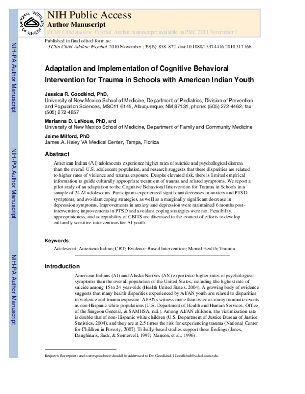 (PDF) Adaptation and Implementation of Cognitive Behavioral Intervention for Trauma in Schools ...