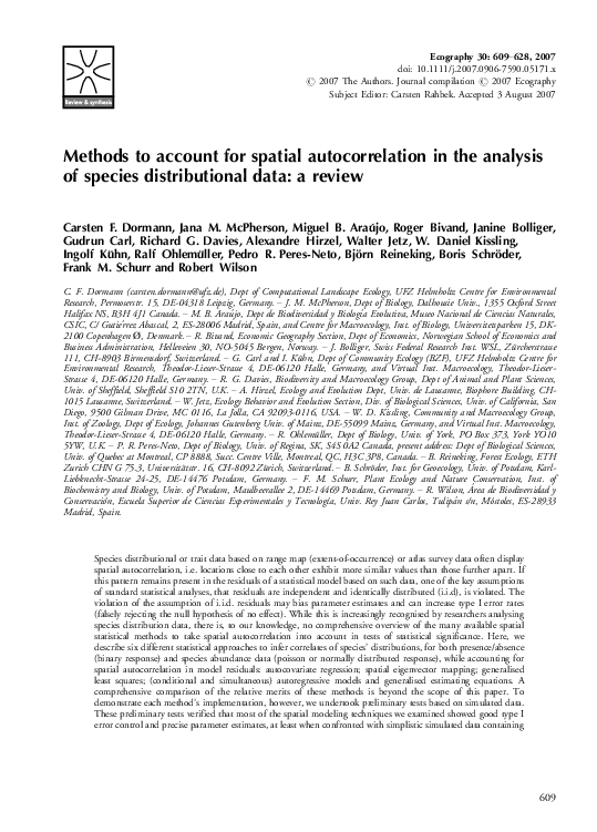 (PDF) Methods to account for spatial autocorrelation in the analysis of species distributional ...