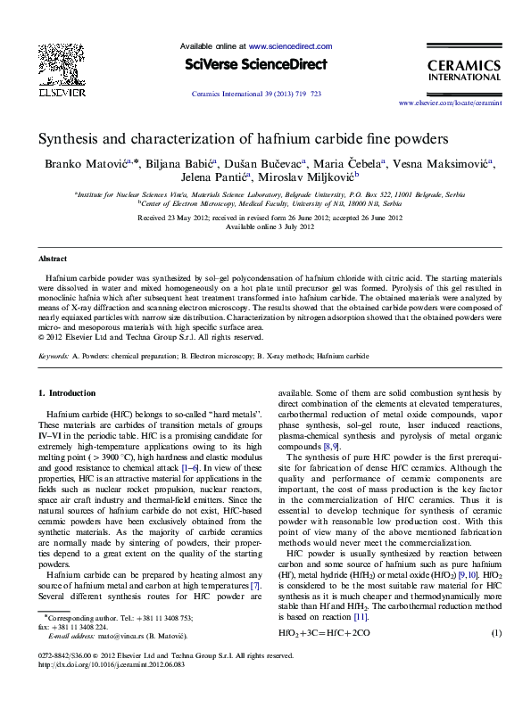 (PDF) Synthesis and Characterization of Hafnium Carbide Based Ceramics | Branko Matovic ...