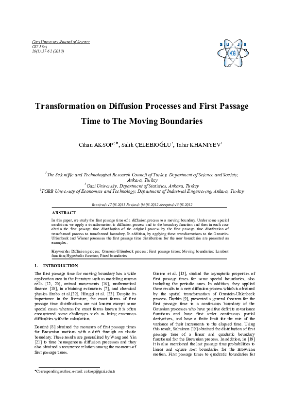 (PDF) Transformation on Diffusion Processes and First Passage Time to the Moving Boundaries ...