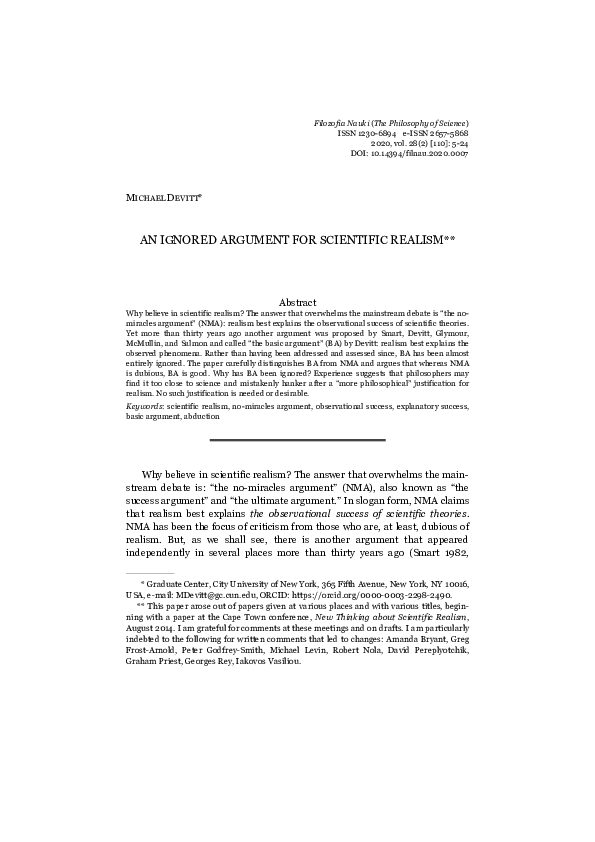 (PDF) An Ignored Argument for Scientific Realism