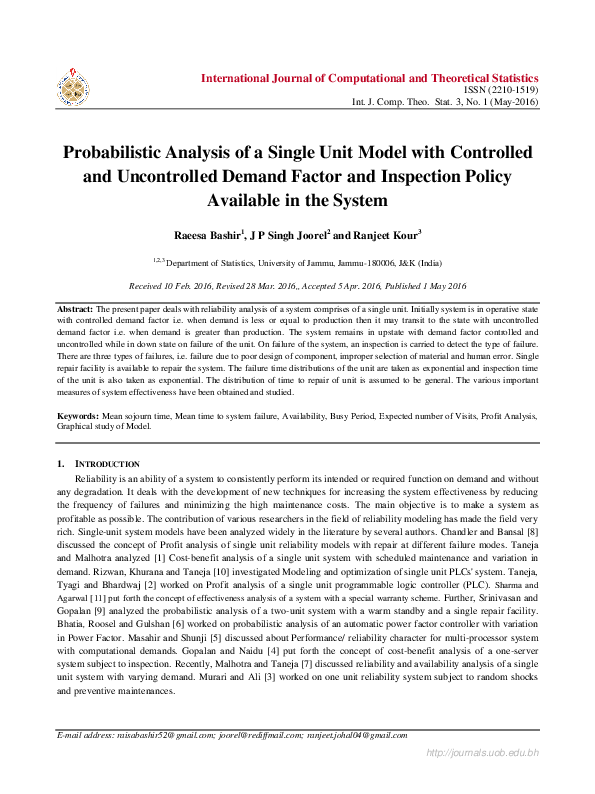(PDF) Analysis of a Single Unit Model with Controlled and Uncontrolled Demand Factor and ...