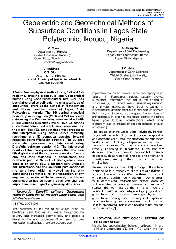 (PDF) Geoelectric and Geotechnical Methods of Subsurface Conditions In Lagos State Polytechnic ...