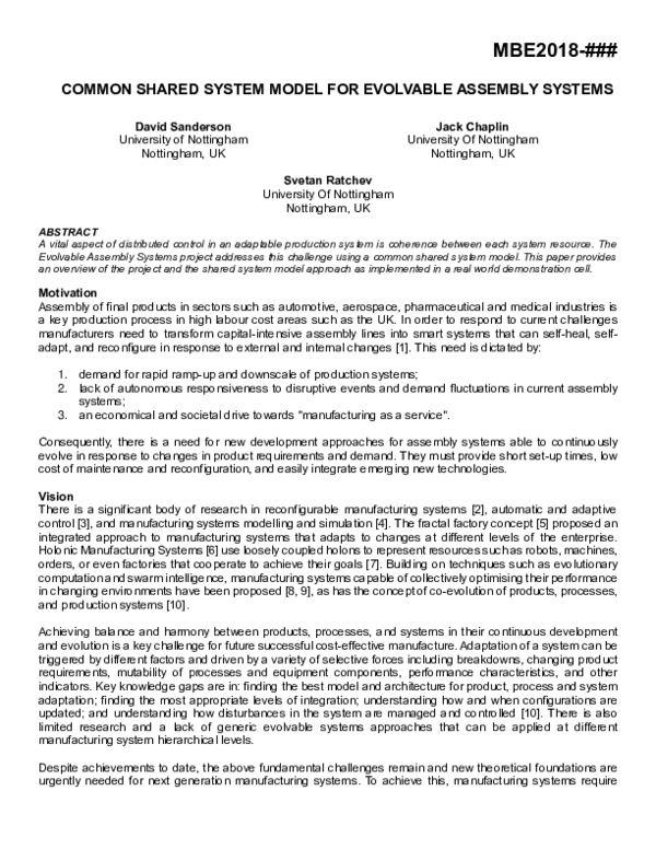 (PDF) Common shared system model for evolvable assembly systems | David Sanderson - Academia.edu
