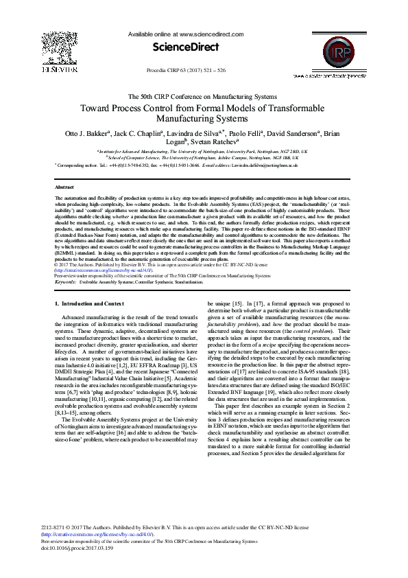 (PDF) Toward Process Control from Formal Models of Transformable Manufacturing Systems