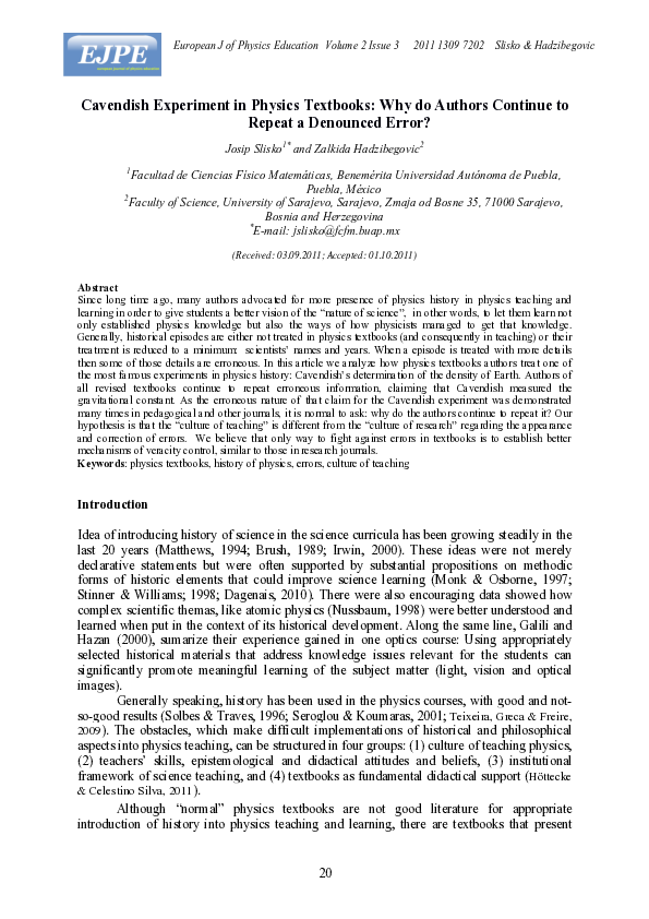 (PDF) Cavendish Experiment in Physics Textbooks: Why Do Authors Continue to Repeat a Denounced ...