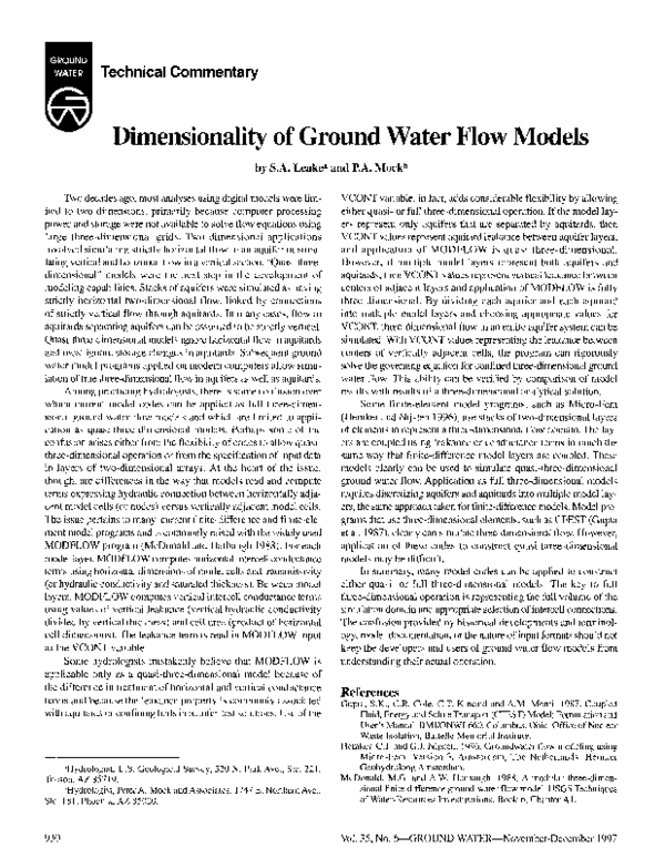 Dimensionality of Ground Water Flow Models