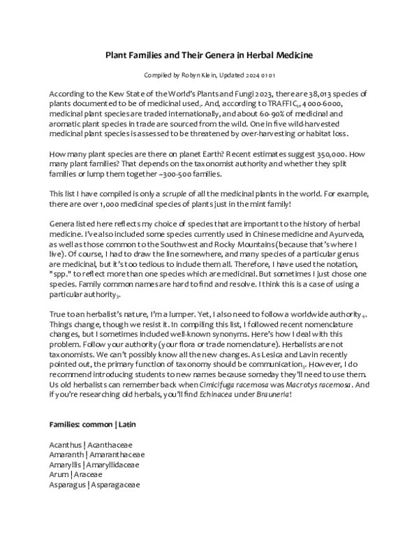 (DOC) Plant Families and Their Genera in Herbal Medicine