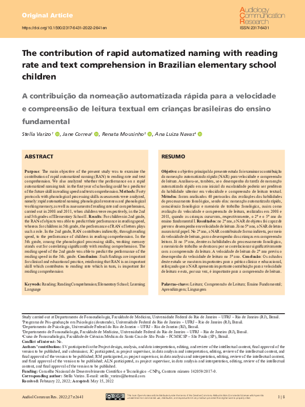 (PDF) The contribution of rapid automatized naming with reading rate ...