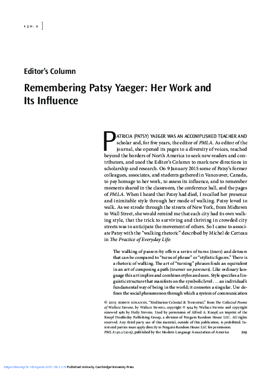 (PDF) Editor’s Column—Remembering Patsy Yaeger: Her Work and Its Influence