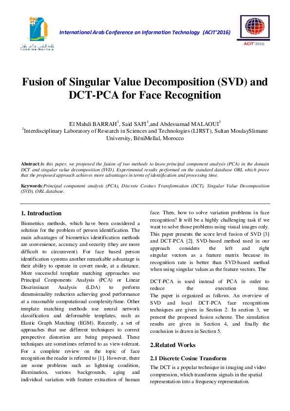 Pdf Fusion Of Singular Value Decomposition Svd And Dct Pca For
