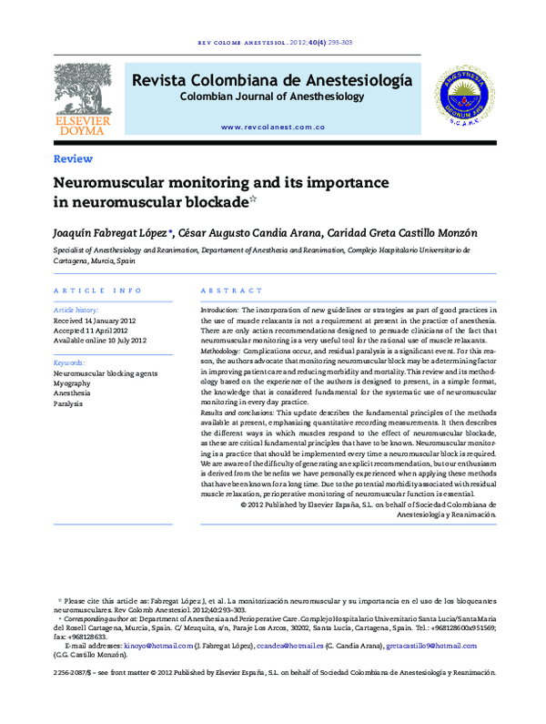 (PDF) Neuromuscular monitoring and its importance in neuromuscular blockade