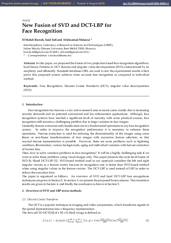 (PDF) New Fusion of SVD and DCT-LBP for Face Recognition