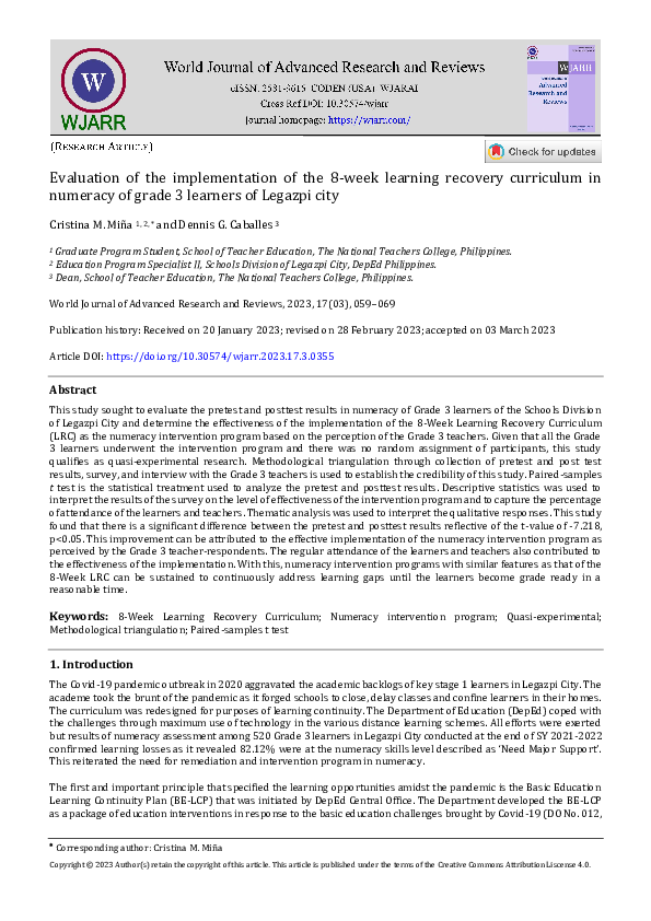 (PDF) Evaluation of the implementation of the 8-week learning recovery ...