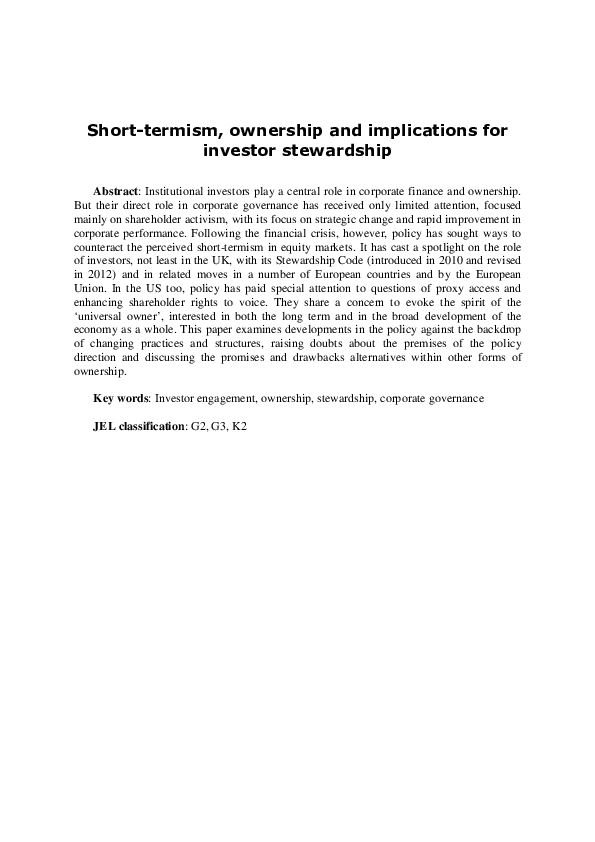 (PDF) Short-termism, ownership and implications for investor stewardship