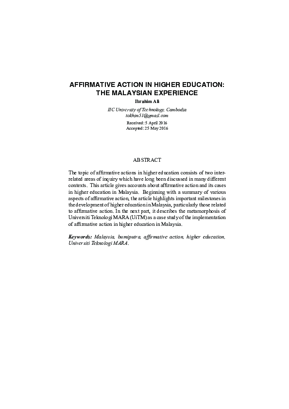 (PDF) Affirmative Action in Higher Education: The Malaysian Experience