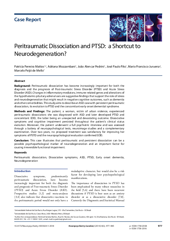 (PDF) Peritraumatic Dissociation and PTSD: a Shortcut to Neurodegeneration?