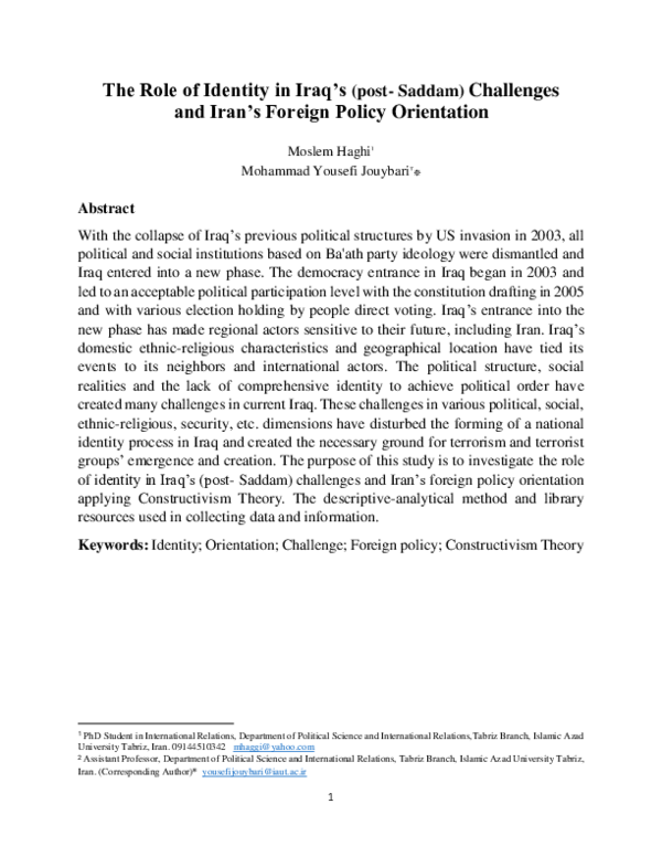 (PDF) The Role of Identity in Iraq's (post-Saddam) Challenges and Iran ...