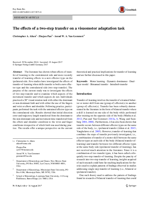 (PDF) The effects of a two-step transfer on a visuomotor adaptation task | Arend Van Gemmert ...