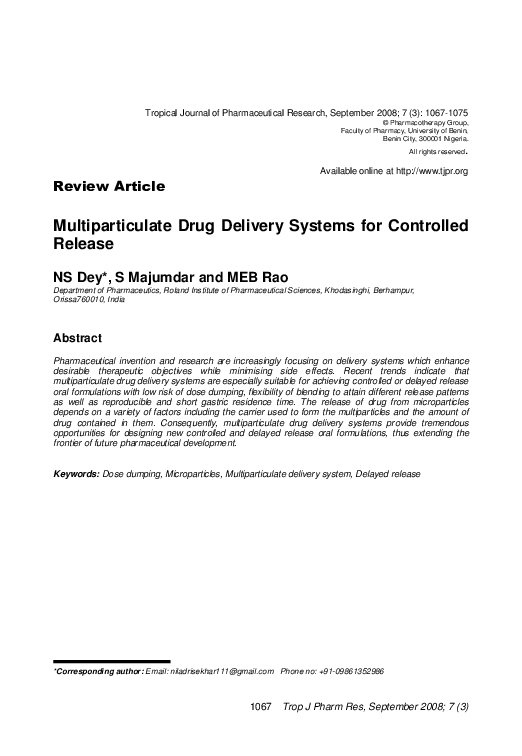 (PDF) Multiparticulate Drug Delivery Systems for Controlled Release