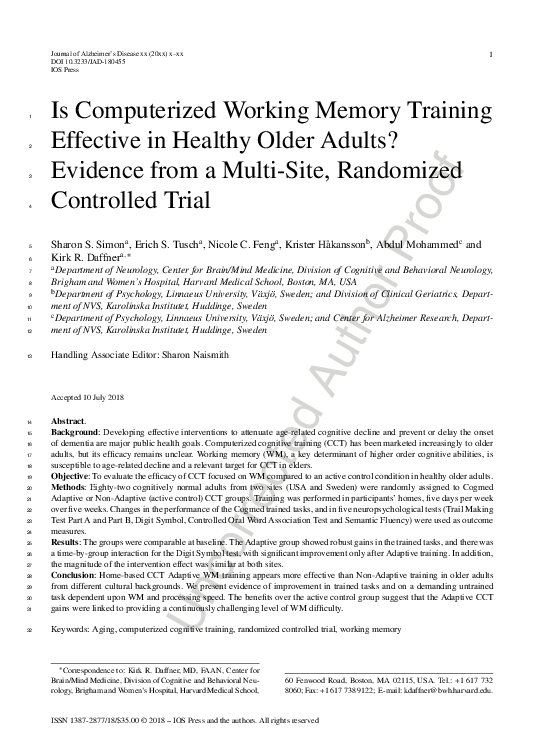 (PDF) Is Computerized Working Memory Training Effective in Healthy Older Adults? Evidence from a ...