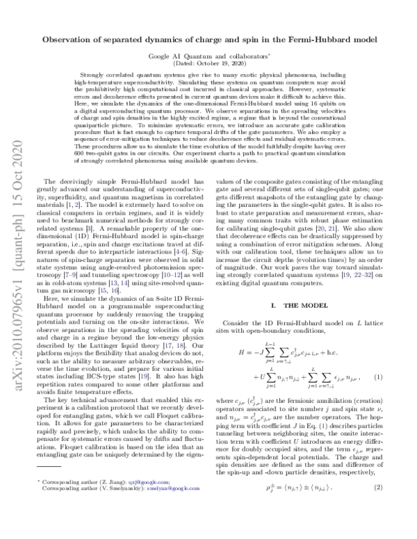 (PDF) Observation of separated dynamics of charge and spin in the Fermi-Hubbard model