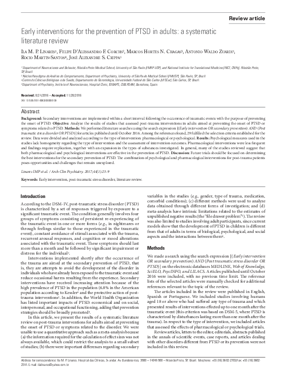(PDF) Early interventions for the prevention of PTSD in adults: a systematic literature review