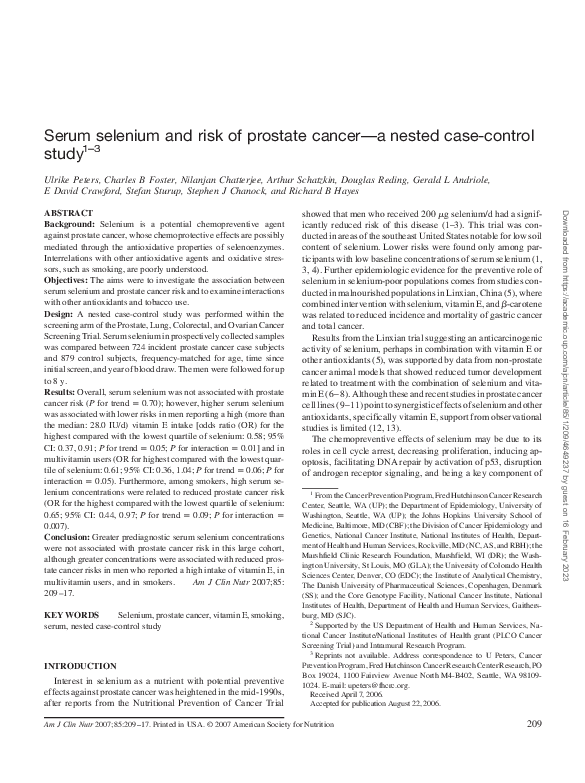 (PDF) Serum selenium and risk of prostate cancer-a nested case-control ...