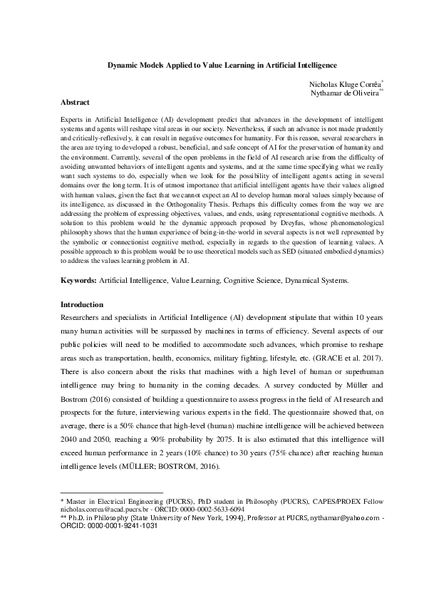 (PDF) Dynamic Models Applied to Value Learning in Artificial Intelligence