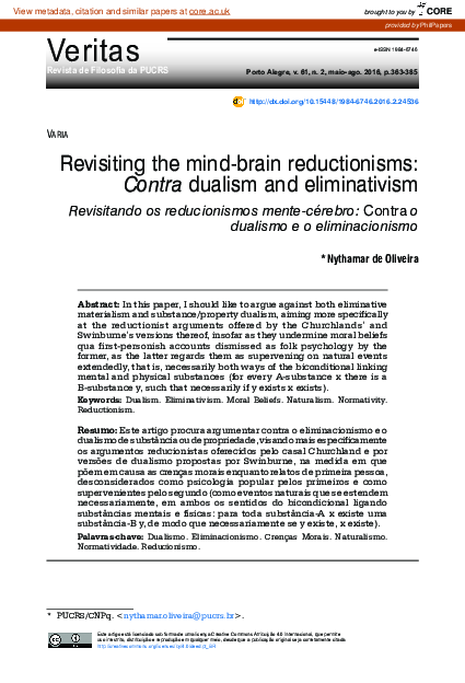 (PDF) Revisiting the mind-brain reductionisms: contra dualism and ...