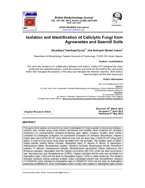(PDF) Isolation and Identification of Cellulytic Fungi from Agrowastes ...